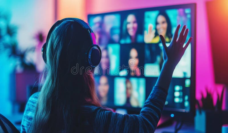 A Woman Waving To Multiple People at Video Meeting. Generative AI ...