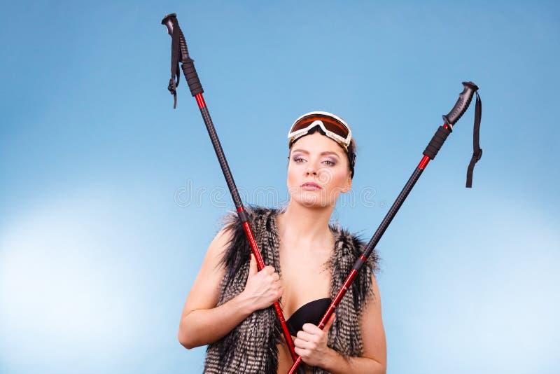 Woman Wearing Bra and Holding Ski Poles Stock Photo - Image of snow ... Woman Wearing Bra and Holding Ski Poles Stock Photo - Image of snow ...