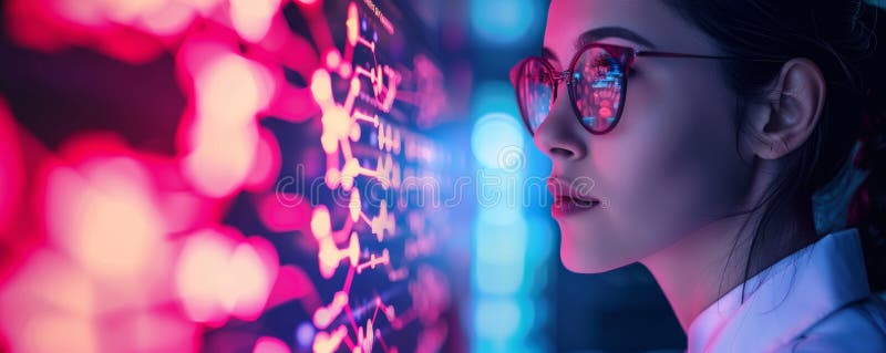 Woman Analyzing Data on Digital Screen with Neon Lights in Background ...