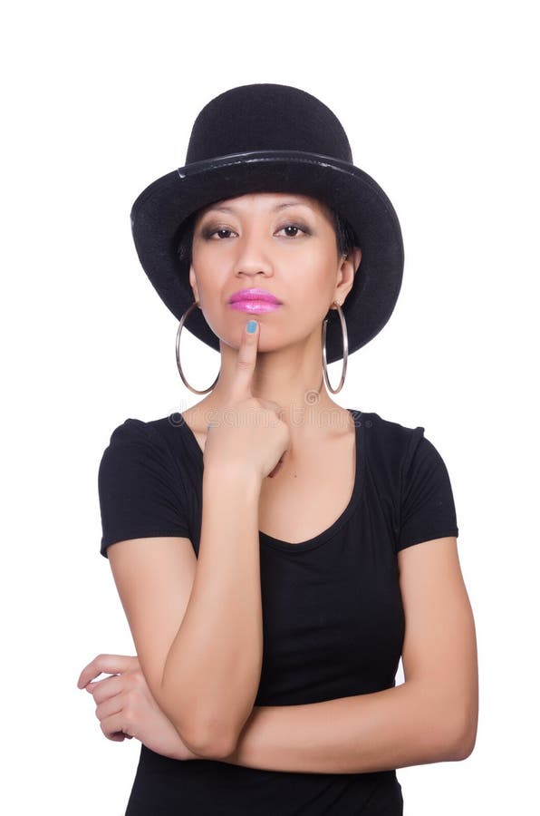 Woman Wearing Hat Isolated on White Stock Image - Image of face, cute ...