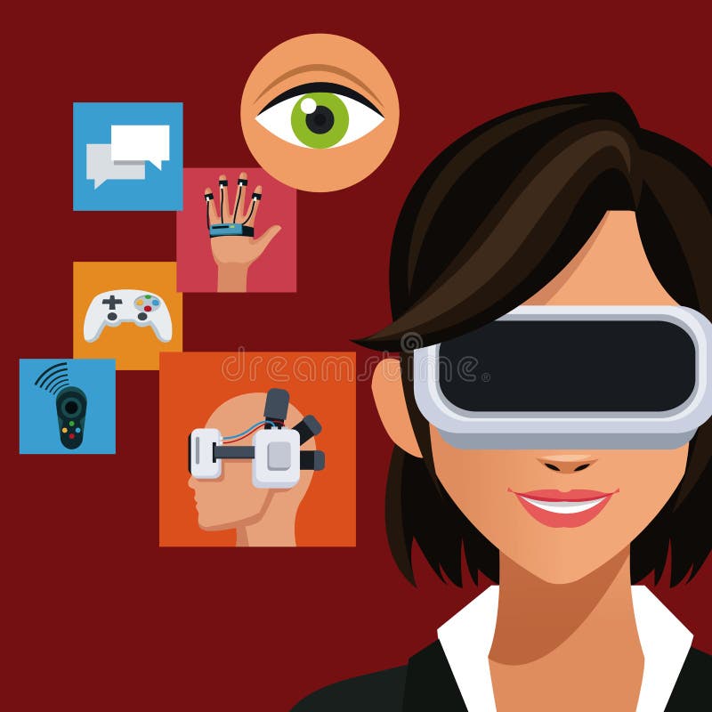 Woman Wearing Headset Augmented Reality Icons Stock Vector ...