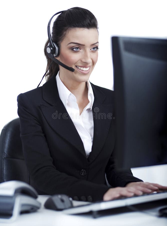 Woman Wearing Headset in Computer Room Stock Image - Image of copy ...
