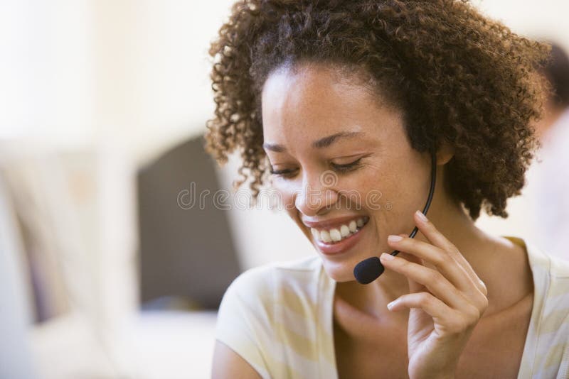 Woman Wearing Headset in Computer Room Stock Image - Image of ...