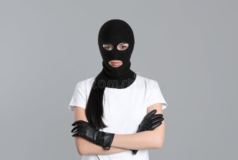 Woman Wearing Knitted Balaclava on Grey Stock Image - Image of face ...