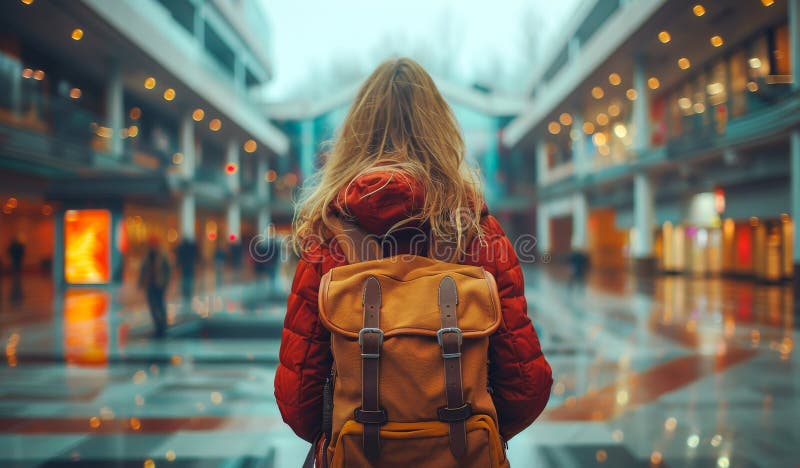 A Woman Wearing a Red Jacket and a Brown Backpack is Walking through a ...