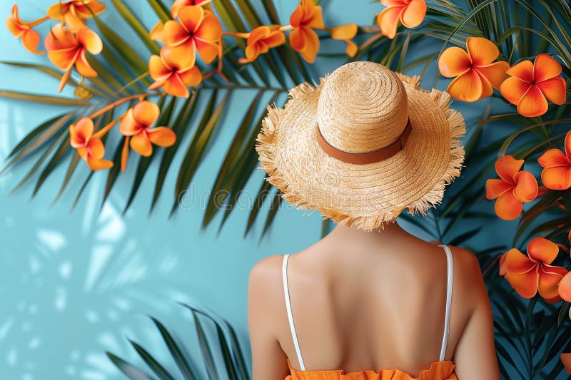 A Woman Wearing A Straw Hat Is Standing In Front Of A Wall Of Orange