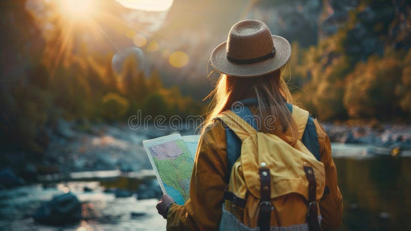 A Woman Wearing a Straw Hat and a Yellow Backpack is Looking at a Map ...