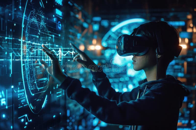 A Woman Wearing a Virtual Reality Headset Engages in Virtual Reality ...