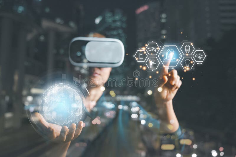 Woman Wearing VR Glasses and Accessing Cloud Computing Technology ...