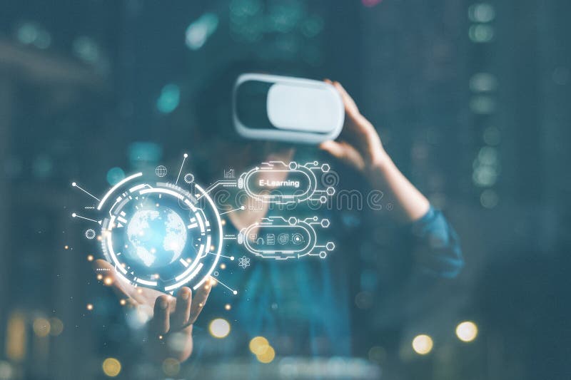 Woman Wearing VR Glasses and Accessing Cloud Computing Technology ...