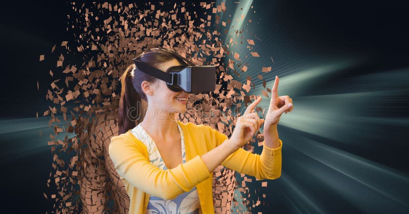 Woman Wearing VR Glasses with 3d Scattered Human Figure in Background ... Woman Wearing VR Glasses with 3d Scattered Human Figure in Background ...
