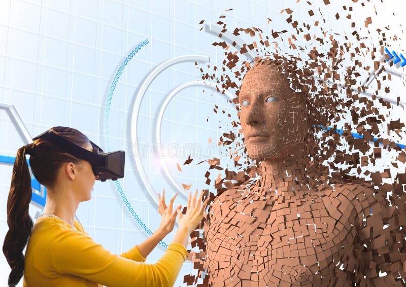 Woman Wearing VR Glasses while Touching 3d Human Stock Photo - Image of ...