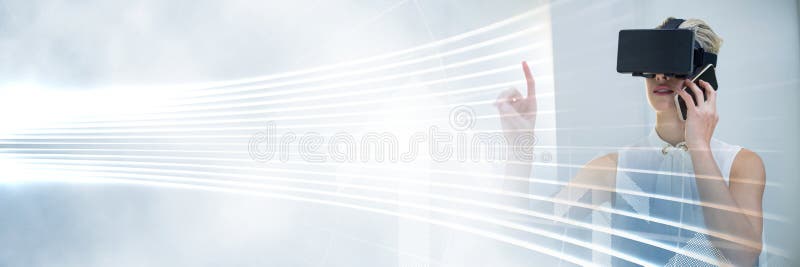 Woman Wearing VR Headset with Curved Bright Lines Transition Stock ...