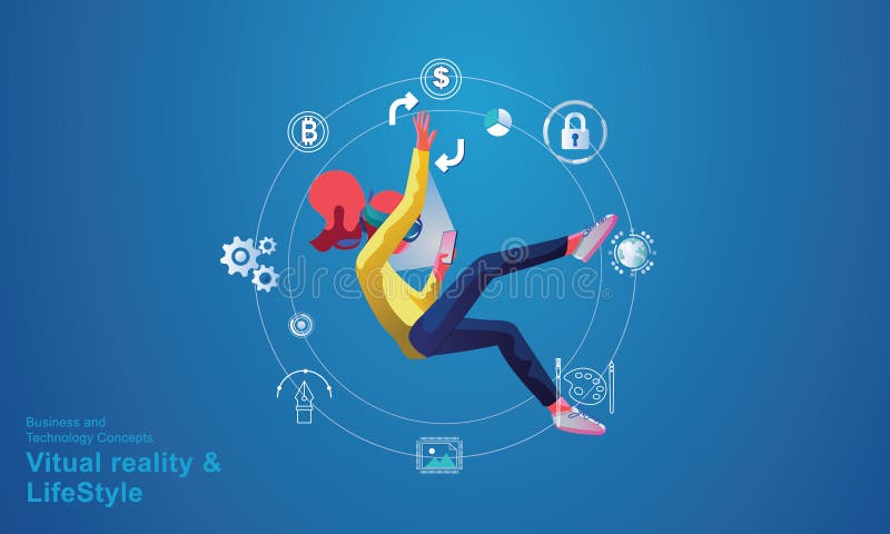 A Woman Wearing a VR Headset Floating in Cyberspace. Simulation of the ...