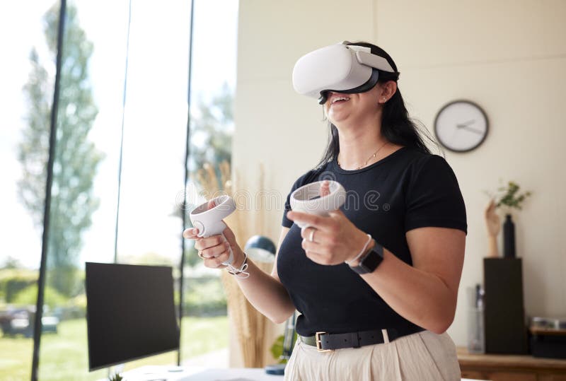 Woman Wearing VR Headset Holding Controllers Gaming at Home Stock Image ...