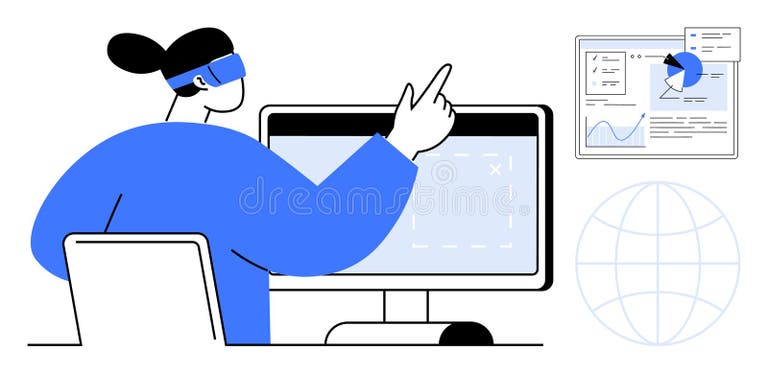Woman in VR Headset Interacting with Digital Elements on Computer ...