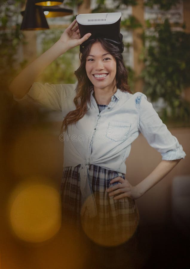 Woman Wearing VR Headset with Sparkles Transition Stock Image - Image ...