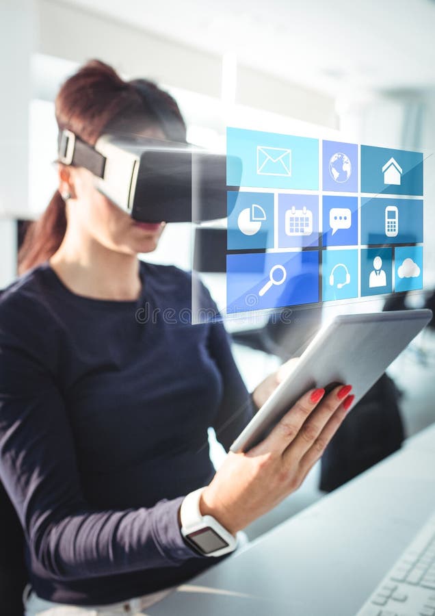 Woman Wearing VR Virtual Reality Headset with Interface Stock Image ...