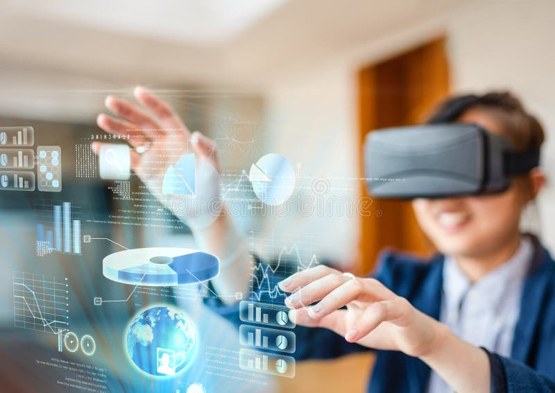 Woman Wearing VR Virtual Reality Headset with Interface Stock Photo ...