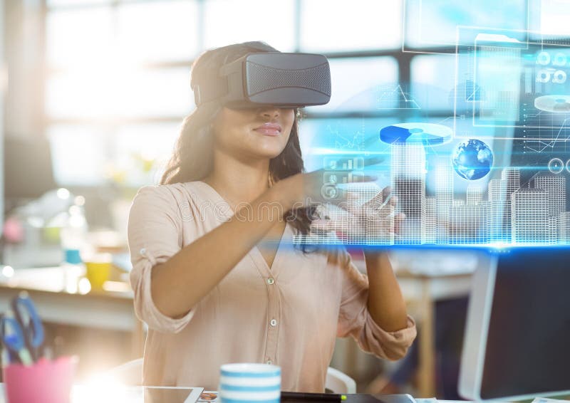 Woman Wearing VR Virtual Reality Headset with Interface Stock Image ...
