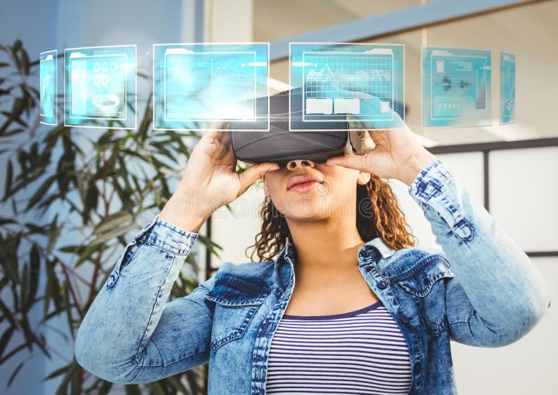 Woman Wearing VR Virtual Reality Headset with Interface Stock Photo ...