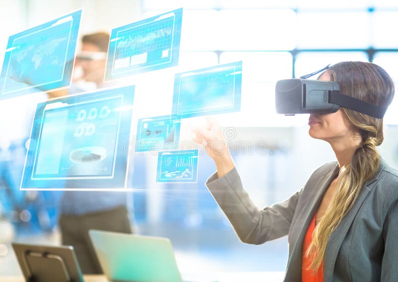 Woman Wearing VR Virtual Reality Headset with Interface Stock Photo ...