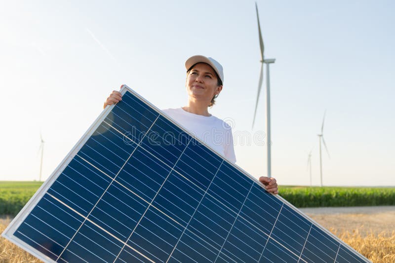 Woman Wearing White Cap and T-shirt Holds Solar Panel Stock Image ...