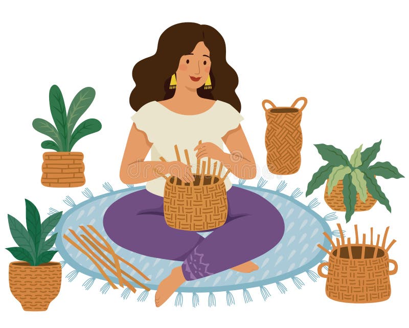 Woman weaving baskets stock vector. Illustration of cartoon - 194960682
