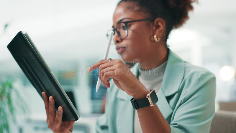 Woman, Web Designer and Thinking with Tablet for UI, UX or Design for ...