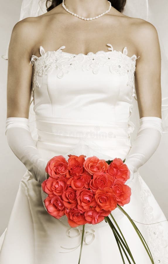 Woman in Wedding Dress with Bunch of Roses Stock Image - Image of adult ...