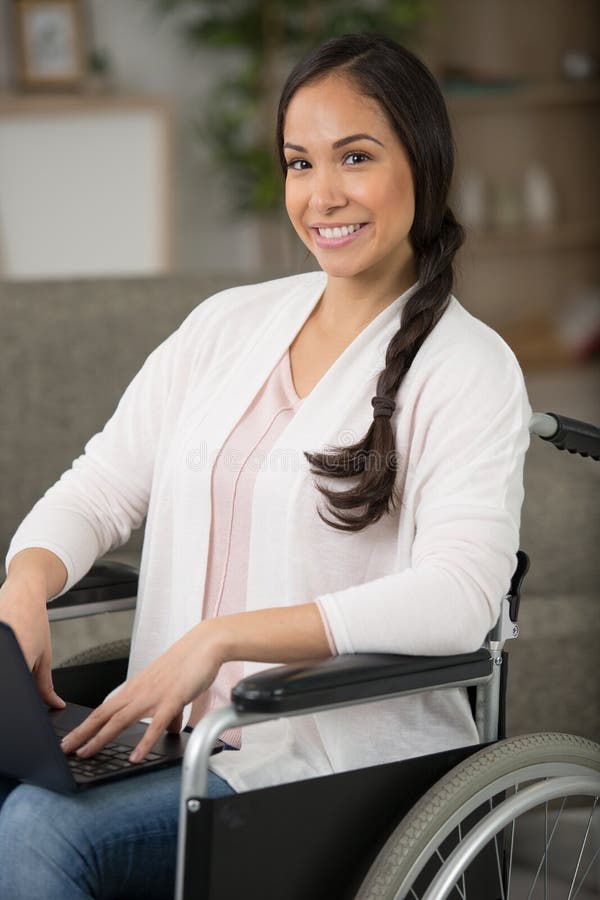 Woman in Wheelchair at Home Using Laptop Stock Image - Image of study ...