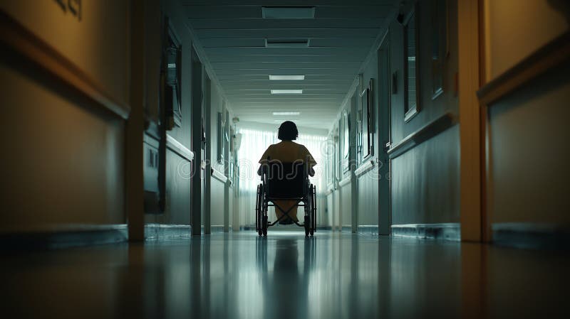 Woman in Wheelchair, Hospital Hallway View in Dark Stock Illustration ...
