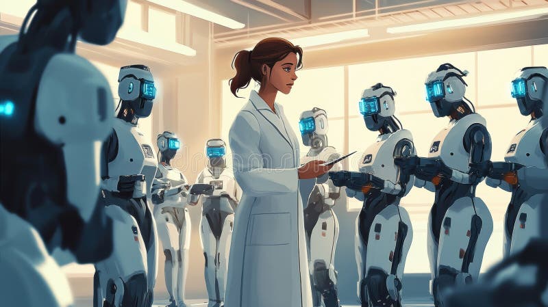 A Woman in White Coat Standing Next To a Group of Robots, AI Stock ...