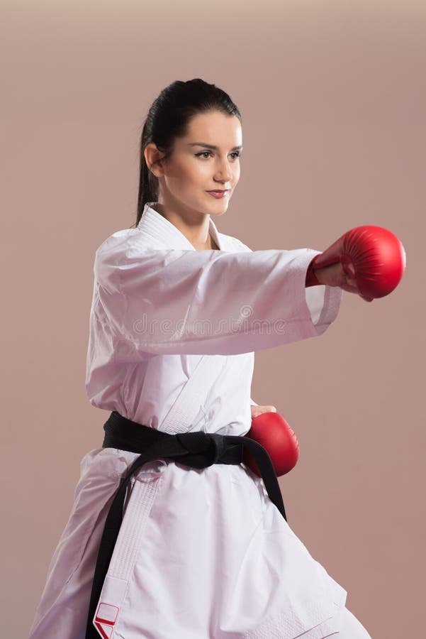 Woman in White Kimono and Black Belt Training Karate Stock Photo ...