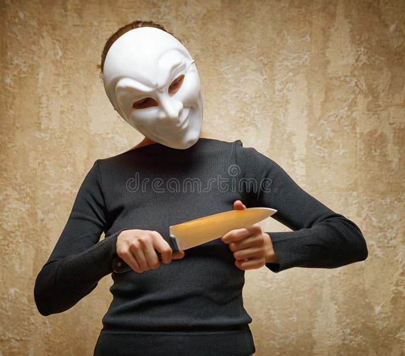 Woman in White Mask Holding the Knife Stock Image - Image of horror ...