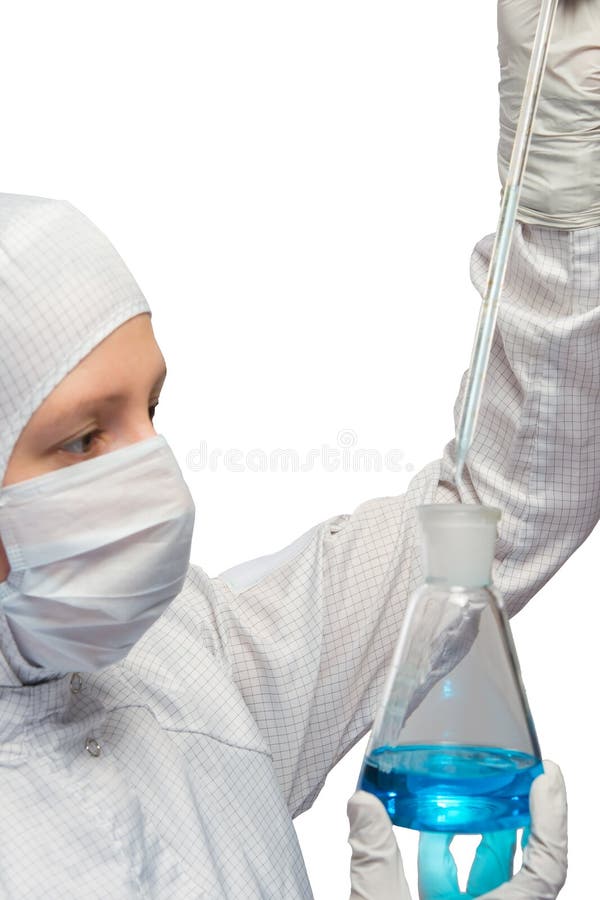 A Woman in a White Protective Suit and Mask, Conducts Experiments with ...