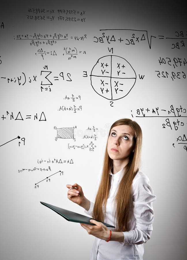 Woman in White is Solving Equation Stock Photo - Image of girl, book ...