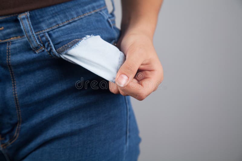 Woman Who Shows Her Empty Pocket. No Money Stock Image - Image of gray ...