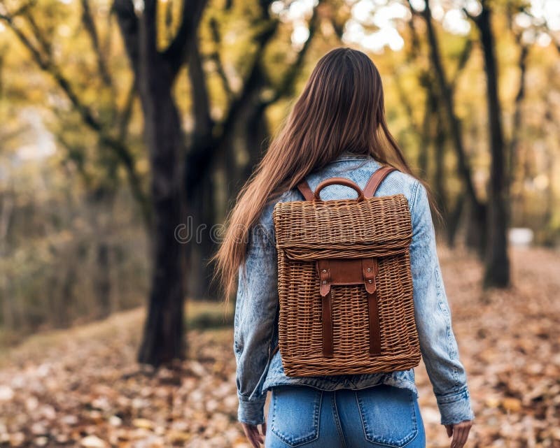 A Woman with Wicker Backpack Wandering and Exploring Stock Illustration ...