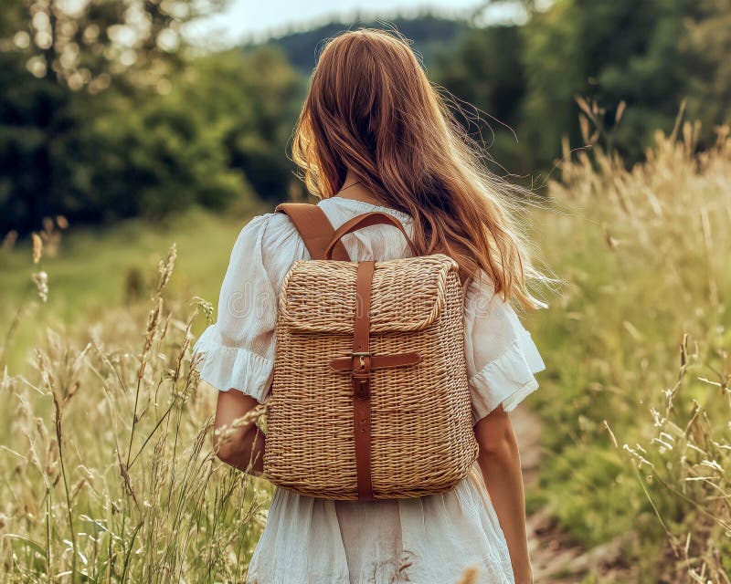 A Woman with Wicker Backpack Wandering and Exploring Stock Illustration ...