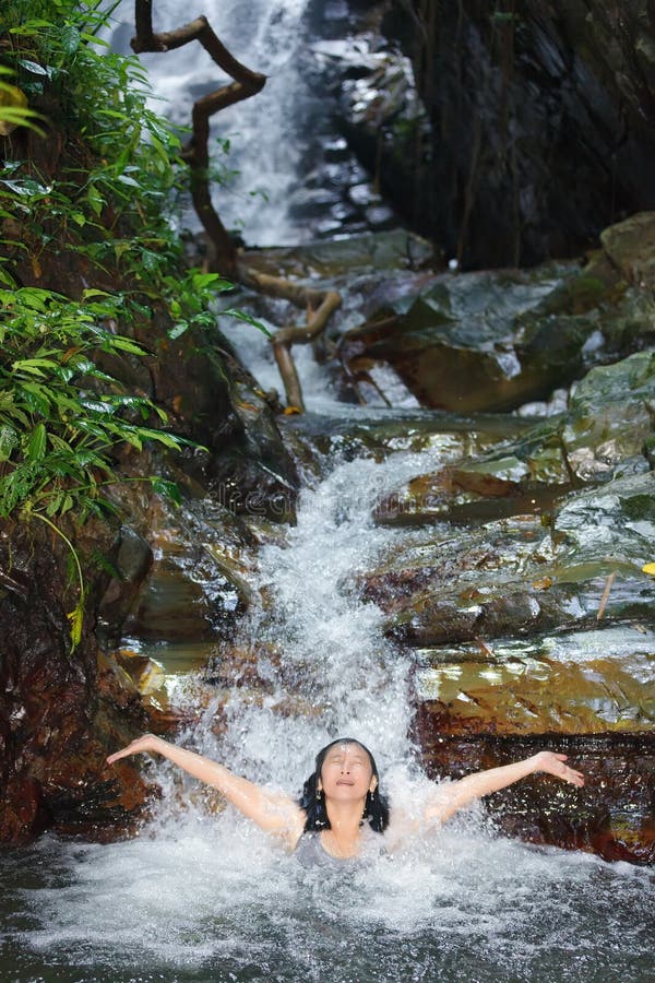 Woman in wild waterfall stock photo. Image of relaxing - 28438460