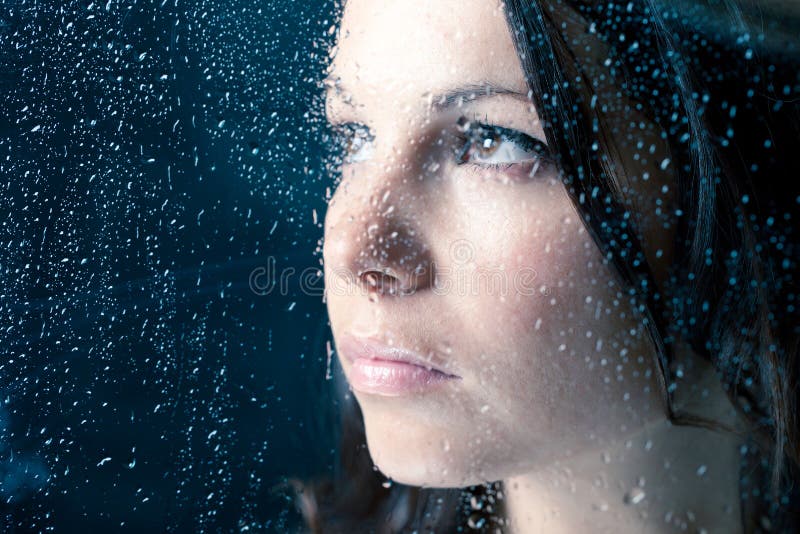 Woman on Window in the Rain Stock Image - Image of glamour, closeup ...