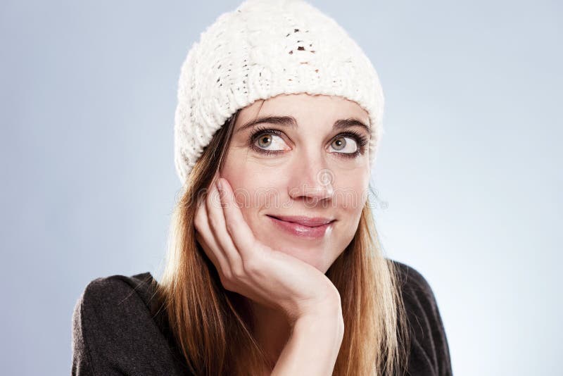 Woman with a Winter Cap Looking Up Stock Photo - Image of cold, people ...