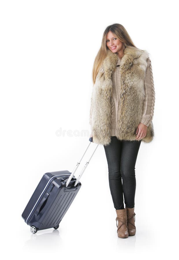 Woman in Winter Cl with a Rolling Suitcasothese. Stock Image - Image of ...