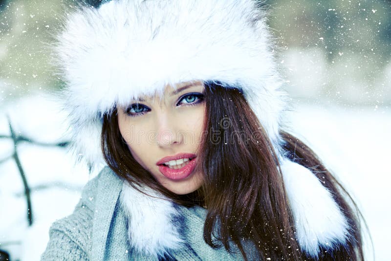 Woman in the Winter Scenery Stock Photo - Image of portrait, snowflakes ...