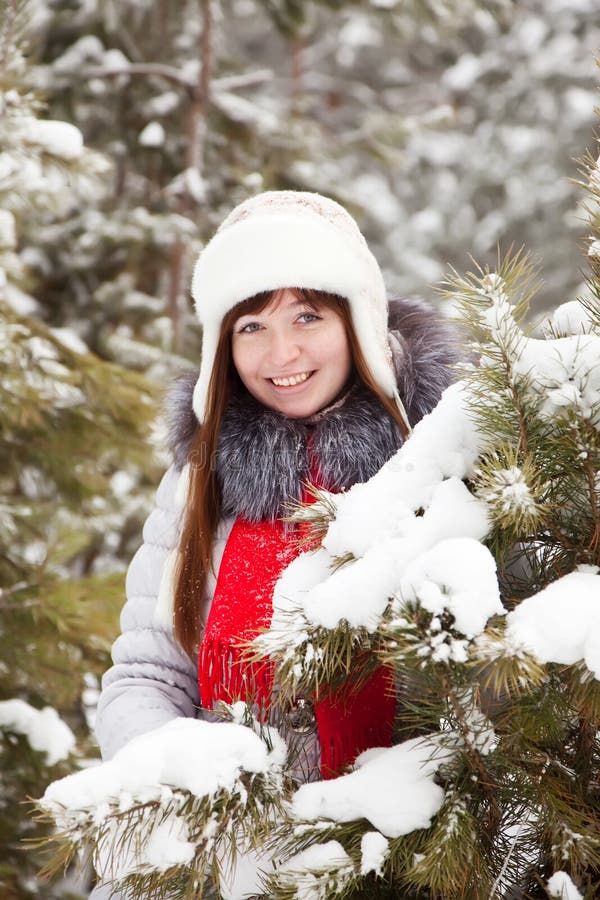 Woman in Wintry Pine Forest Stock Photo - Image of female, coat: 18075170