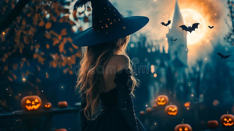 A Woman in a Witches Hat Standing in Front of a Full Moon with Bats ...