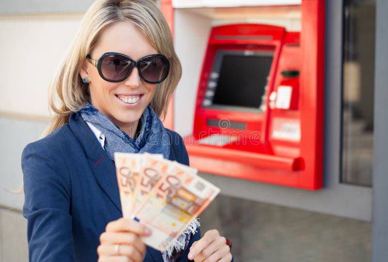 Woman Withdrawing Money from ATM Stock Image - Image of currency, adult ...