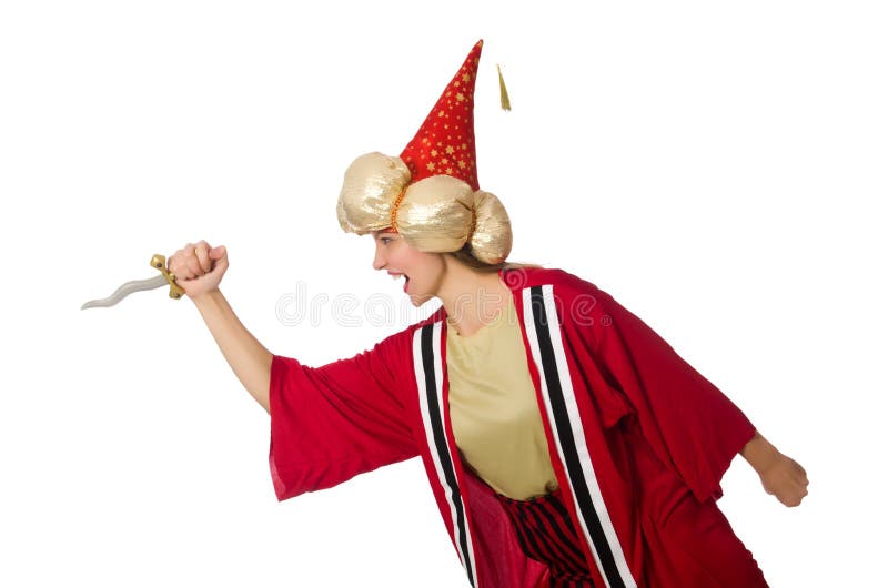 The Woman Wizard in Red Clothing Isolated on White Stock Photo - Image ...