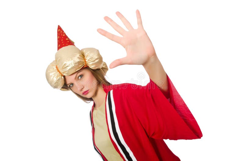 The Woman Wizard in Red Clothing Isolated on White Stock Photo - Image ...